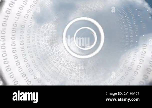 Binary code animation forming vortex pattern over cloudy sky background. Technology, digital ...