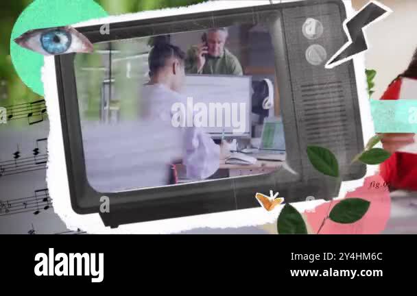 Retro TV frame animation over office workers collaborating at desk ...