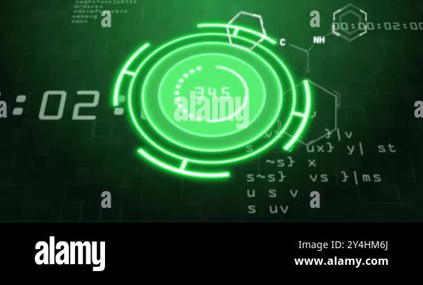 Green circular animation with chemical formulas and digital codes. Technology, chemistry ...