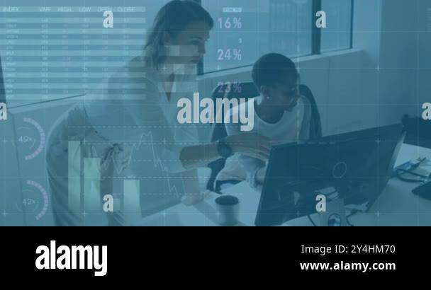 Business data analytics animation over colleagues discussing work at ...