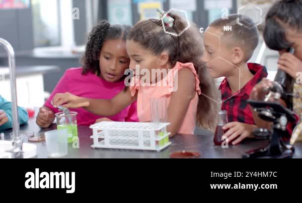 Chemical structures and elements over children conducting science experiment in classroom ...