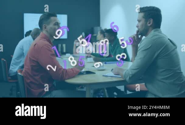 Numbers animation over diverse business team having meeting in office ...