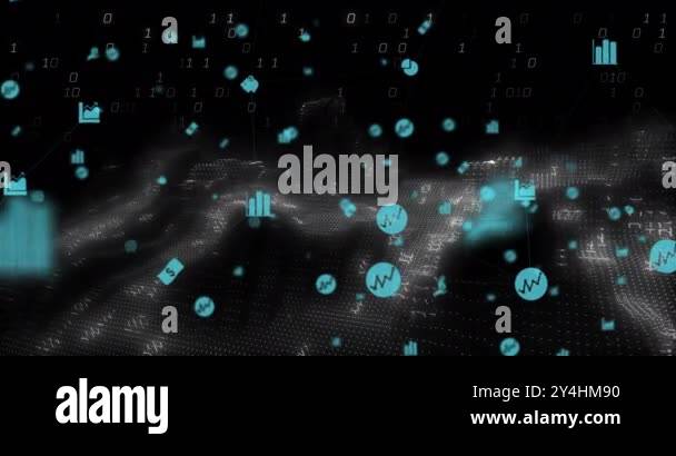Binary Code And Data Analytics Icons Over Digital Landscape Animation Technology Coding