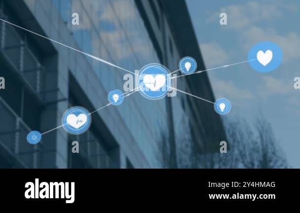 Network of health icons and connections animation over modern building ...