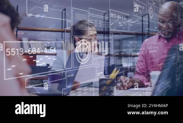 Business meeting with data analytics animation over diverse colleagues ...