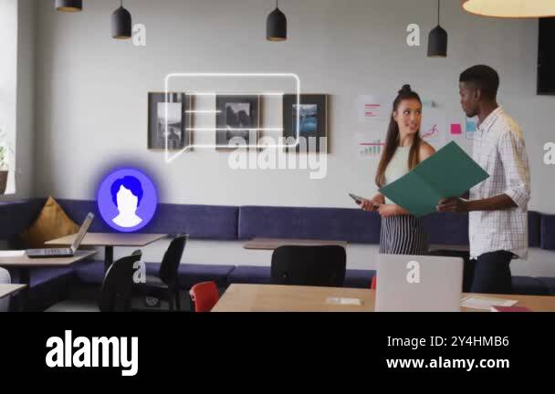 Chat bubble and user icon animation over two people discussing ...