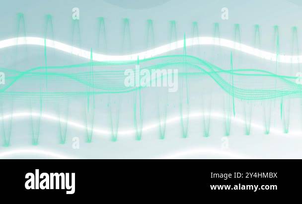 Green waveform and data visualization animation over light blue background. Technology, analysis ...