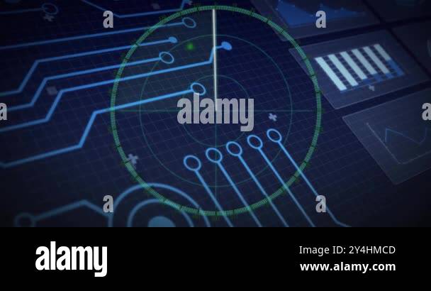 Radar animation with digital circuits and data processing over blue ...