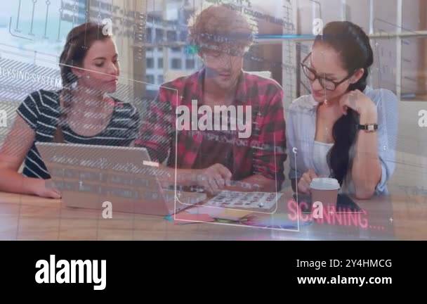 Scanning text animation over diverse group of people working at table. Teamwork, collaboration ...