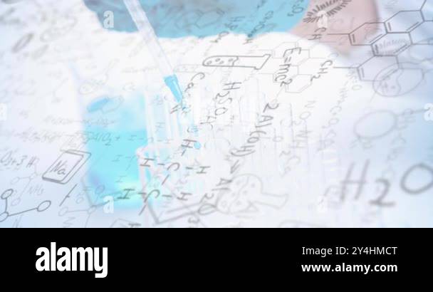 Chemical formulas and equations animation over scientist using pipette in laboratory. Science ...