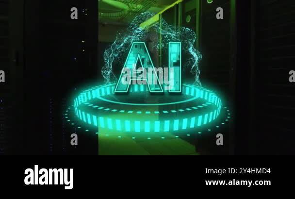 AI text animation over futuristic digital interface in data center ...