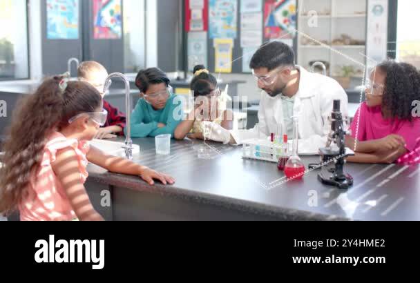 Science teacher demonstrating experiment to children over animation of ...