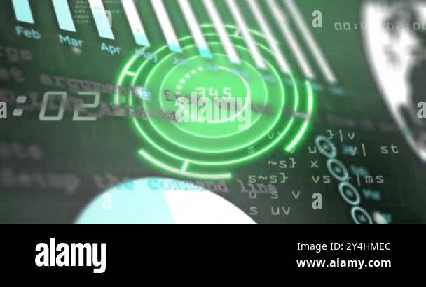Green circular digital interface with numbers and symbols over data processing animation ...