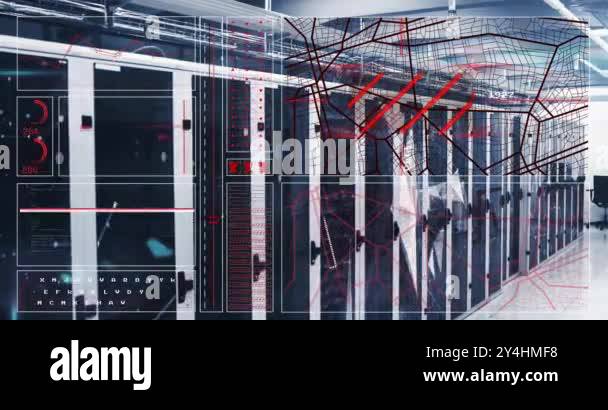 Data processing and network connections animation over server room. Technology, networking ...