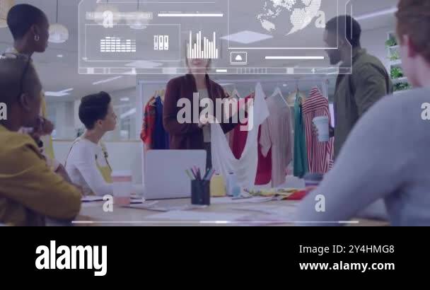 Business data and global network animation over diverse team meeting in ...