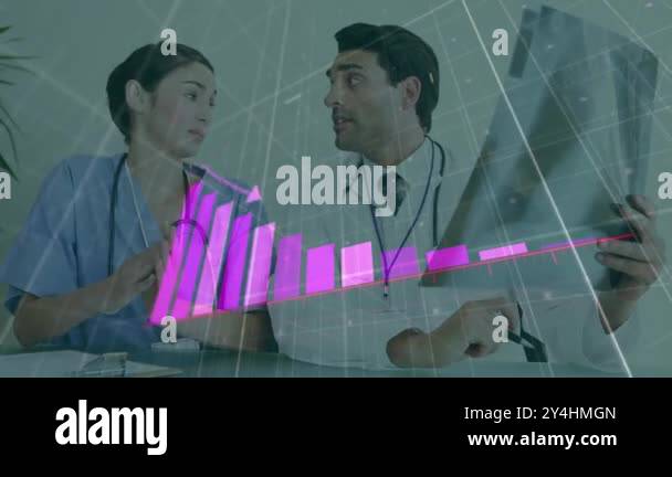Doctors discussing patient data with bar graph animation over them ...