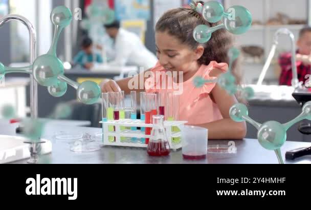 Conducting science experiment, girl in classroom with molecule animation over scene. Education ...