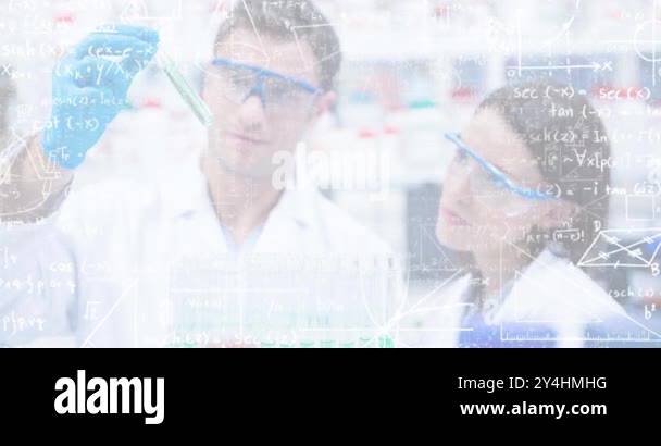 Scientists examining test tube with chemical formulas animation over ...