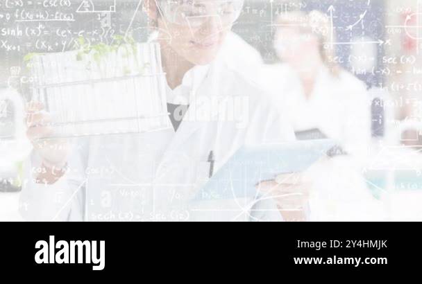 Scientist holding tablet and plant samples, scientific data animation over lab scene. Science ...