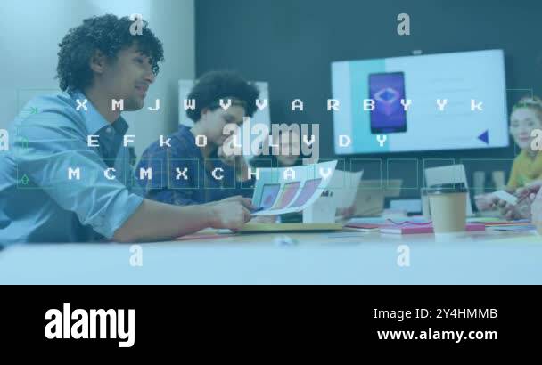 Team collaborating in office with keyboard animation over scene ...