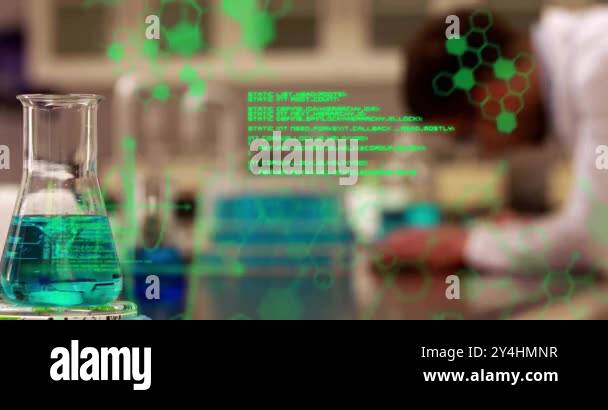 Chemical Formulas And Molecular Structures Animation Over Scientist Working In Laboratory