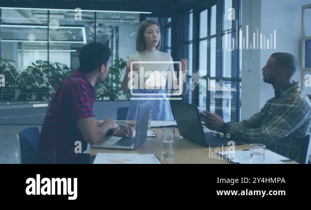 Business data analytics animation over diverse team meeting in modern office. teamwork ...