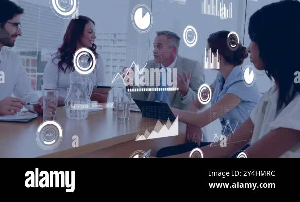 Business meeting with data analytics animation over diverse ...