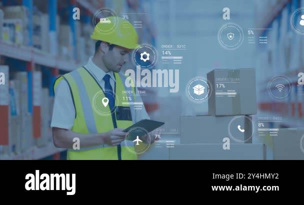 Warehouse worker using tablet, logistics data processing animation over ...