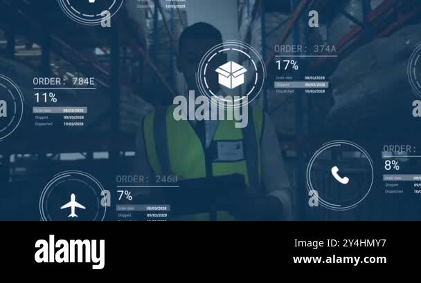 Warehouse worker with tablet, order processing animation over warehouse ...