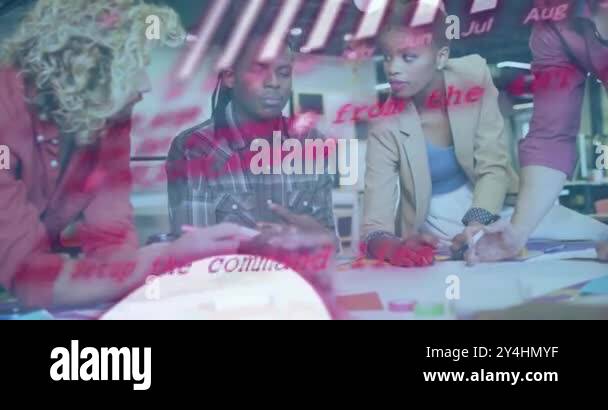 Computer code animation over diverse team collaborating in modern office. Technology, teamwork ...