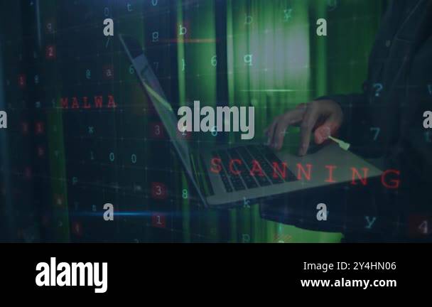 Typing on laptop, cybersecurity warning animation over green digital code background. Technology ...