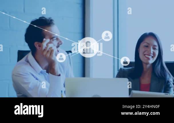 Networking animation over business people collaborating with digital ...