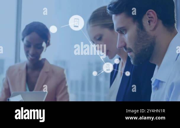 Network of connected devices and music icons animation over business ...