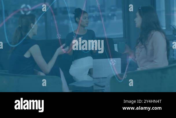 Businesswomen discussing strategy with data visualization animation ...