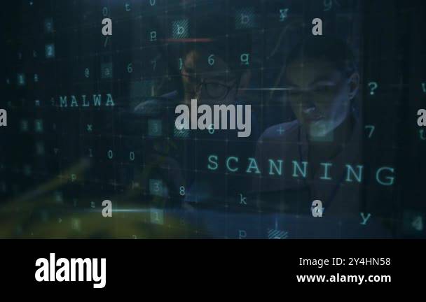 Analyzing data on computer, two people with numbers and letters ...