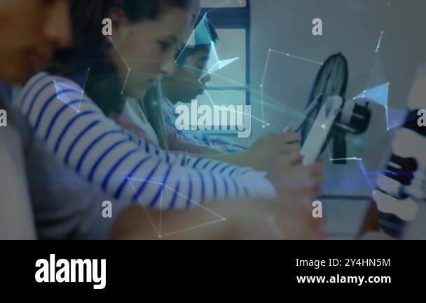 Global network animation over people using smartphones and tablets in ...