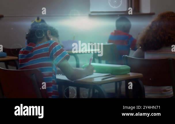 Students writing in classroom with futuristic data processing animation ...