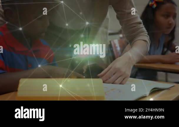 Studying in school, children with teacher, network connections and data ...