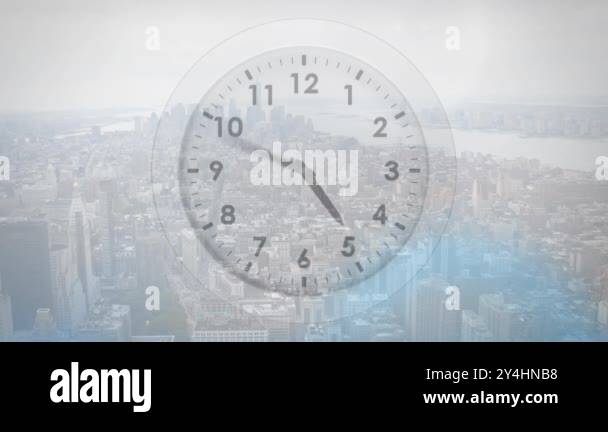 Clock animation over aerial view of cityscape. Time, urban, skyline ...