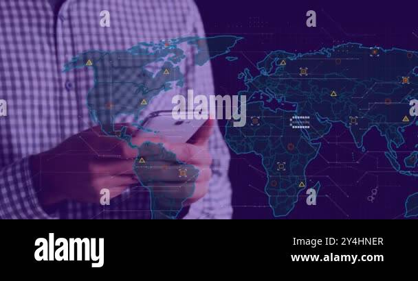 Holding smartphone, person with world map and data visualization animation over. Technology ...