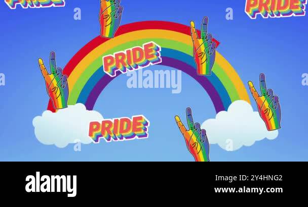 Pride text and rainbow hand signs animation over colorful rainbow and ...