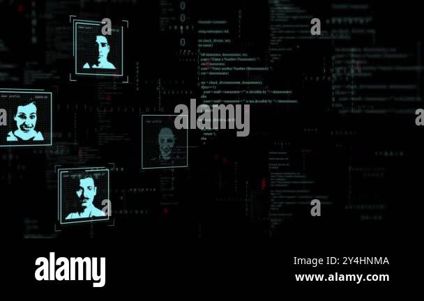 Facial recognition data processing animation over digital profiles and binary code. Technology ...