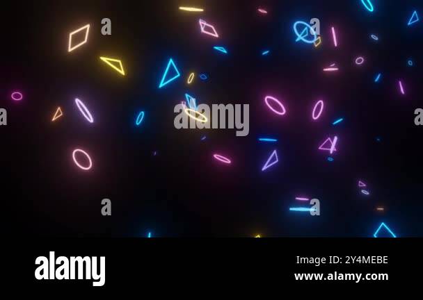 Abstract animated background of small neon shapes randomly slow moving and rotating, 4K animated ...