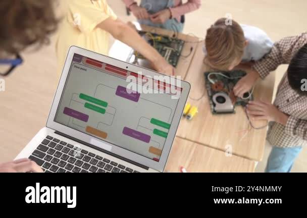 Top view of smart caucasian teacher coding engineering prompt and generated AI while diverse ...
