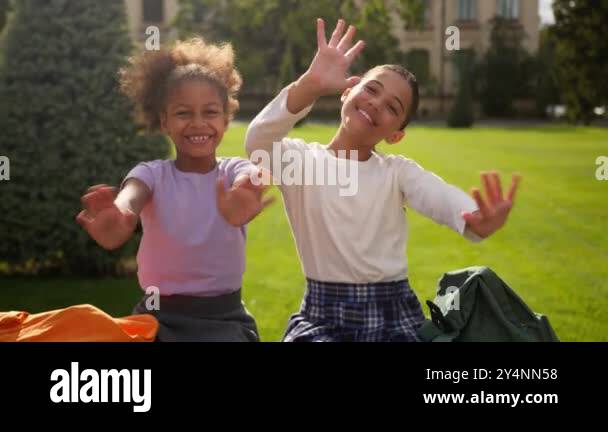 Happy little girls children kids daughters sisters female pupils school ...