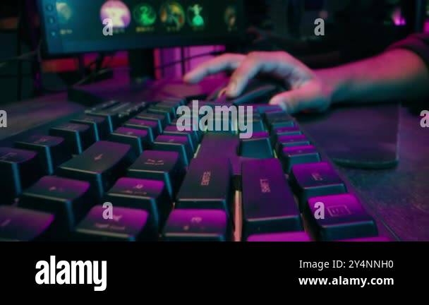 Close up computer mouse keyboard hands fingers typing player streamer ...