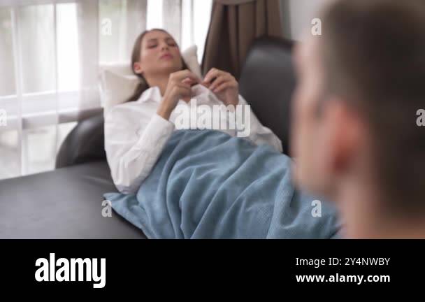 Young female patient lying on crouch release emotion from traumatic ...