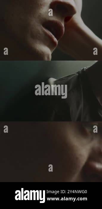 Vertical close-up split screen of anxious young man touching forehead ...