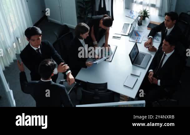 Top view of smart executive manager financial graph to diverse team ...