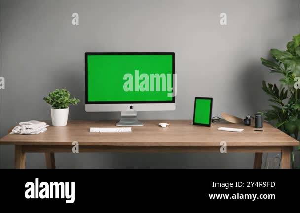 Modern Desk Setup with Green Screen Monitors Stock Video Footage - Alamy
